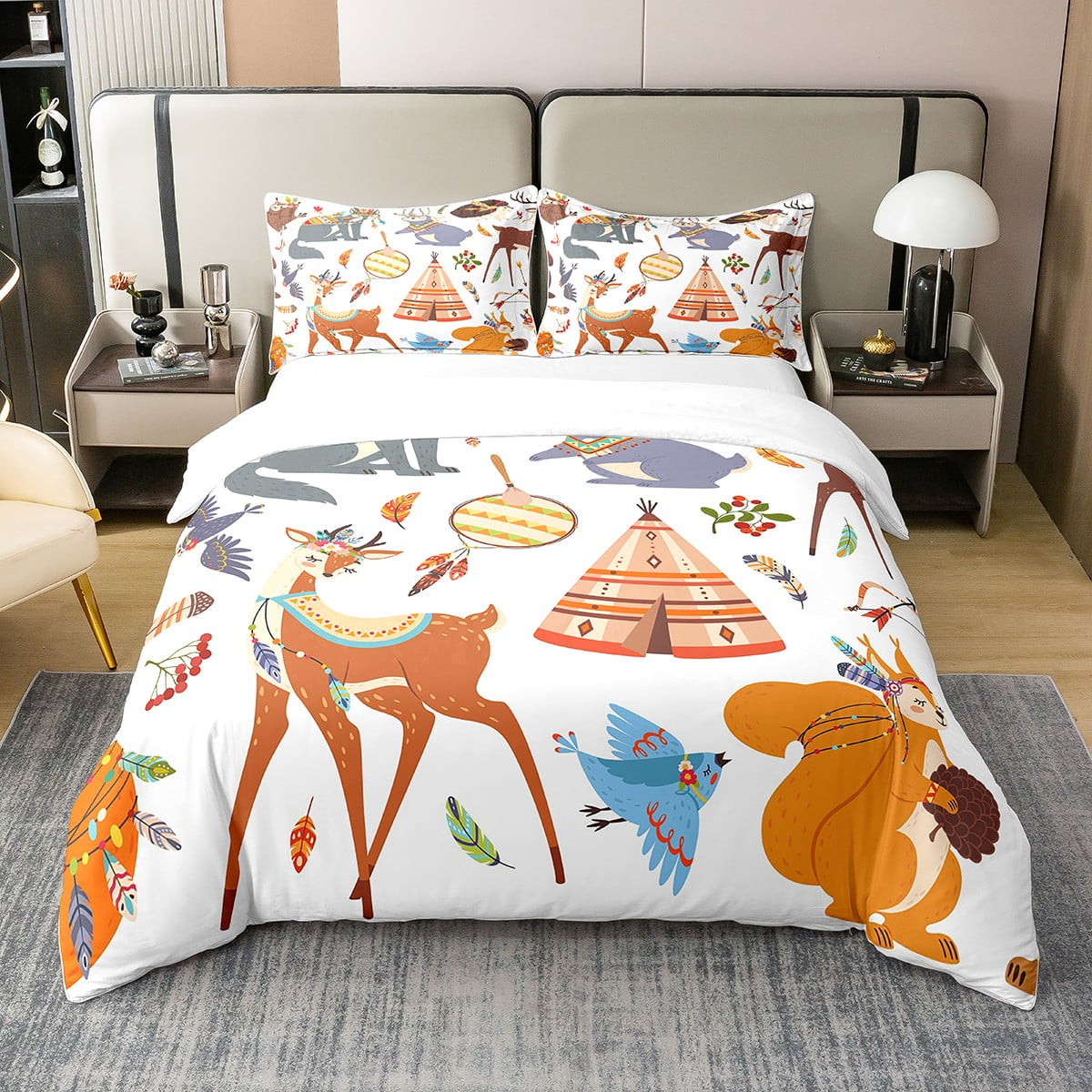100% Cotton Kawaii Woodland Animals Bohemian Duvet Cover,Squirrel Wolf ...