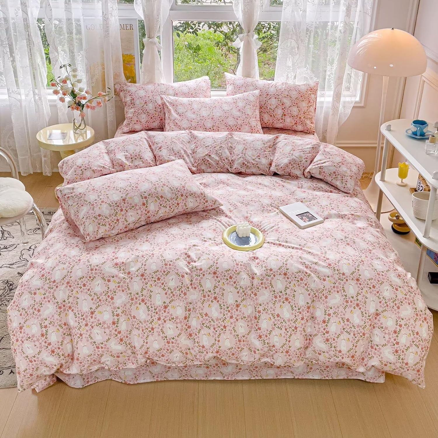 100% Cotton Kids Girls Duvet Cover Queen Cute Rabbit Floral Bedding ...