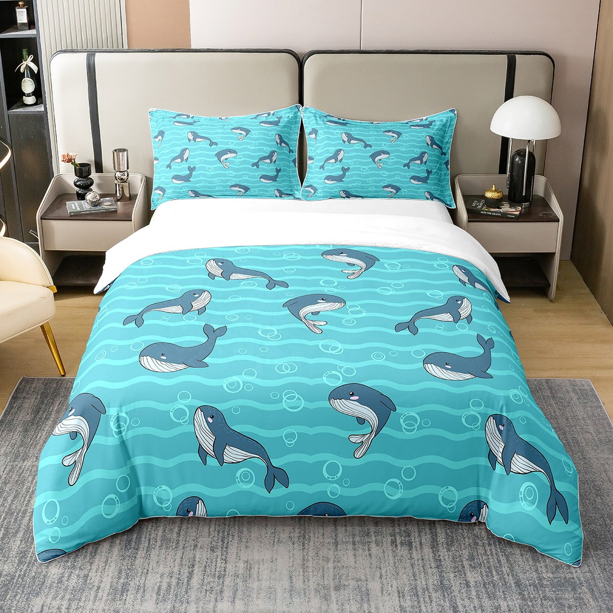 100% Cotton Kids Whale Duvet Cover Queen, Sea Animal Bedding Set, Cute ...