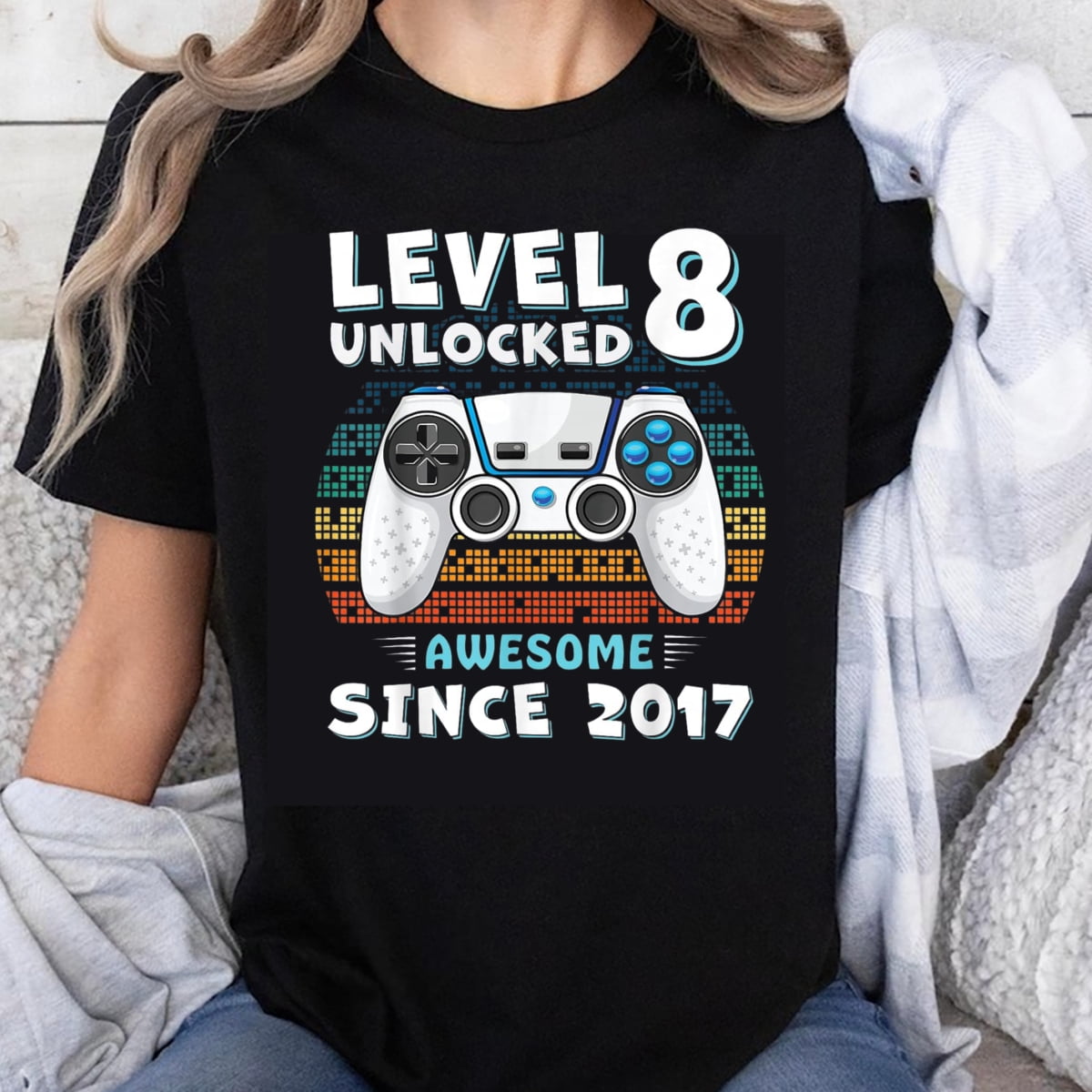 100% Cotton Level 8 Unlocked Awesome Since 2017 Gamer Birthday T-Shirt ...