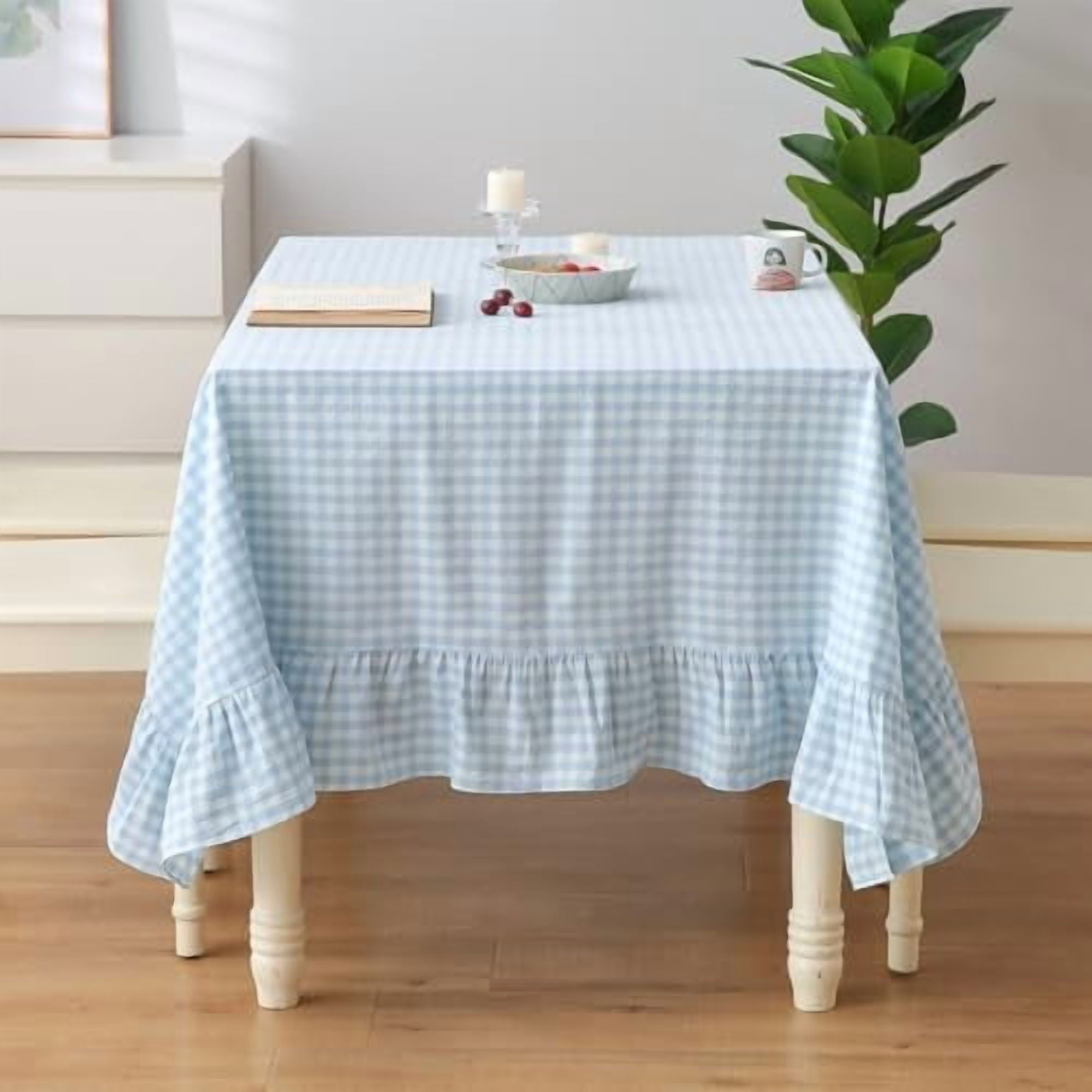 100% Cotton Light Blue White Plaid Gingham Ruffled Table Cloth for ...