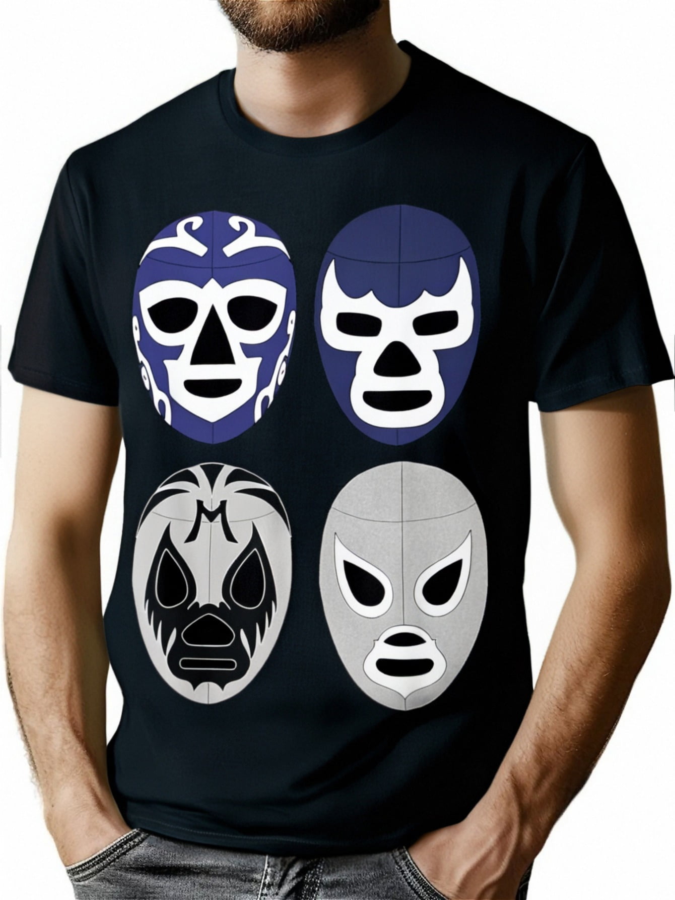 [100% Cotton Lucha Libre Tee] Lucha Libre Wrestler Applique T-Shirt ...