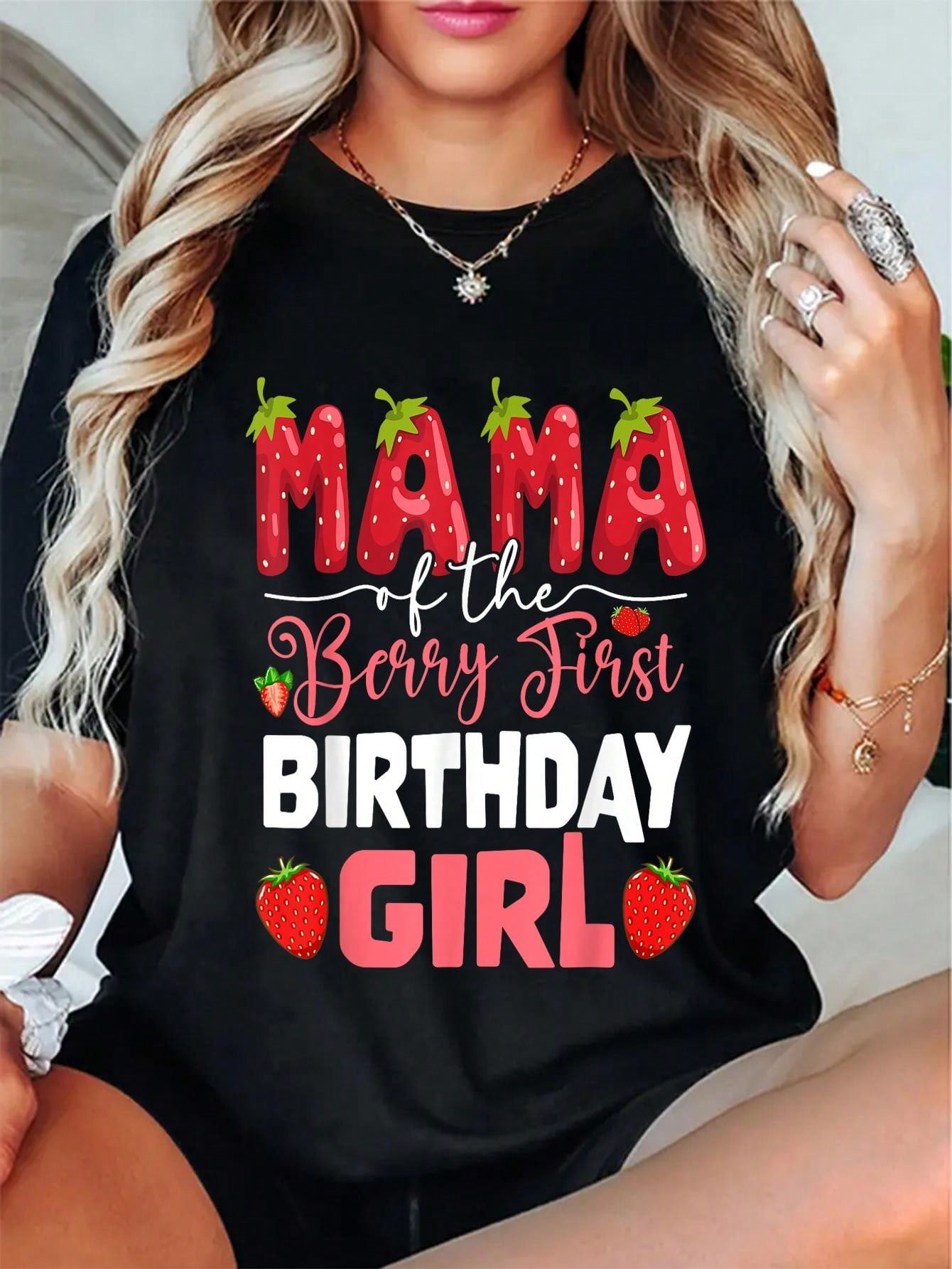 100% Cotton Mama Of The Berry First Birthday Of Girl Strawberry Mom T ...