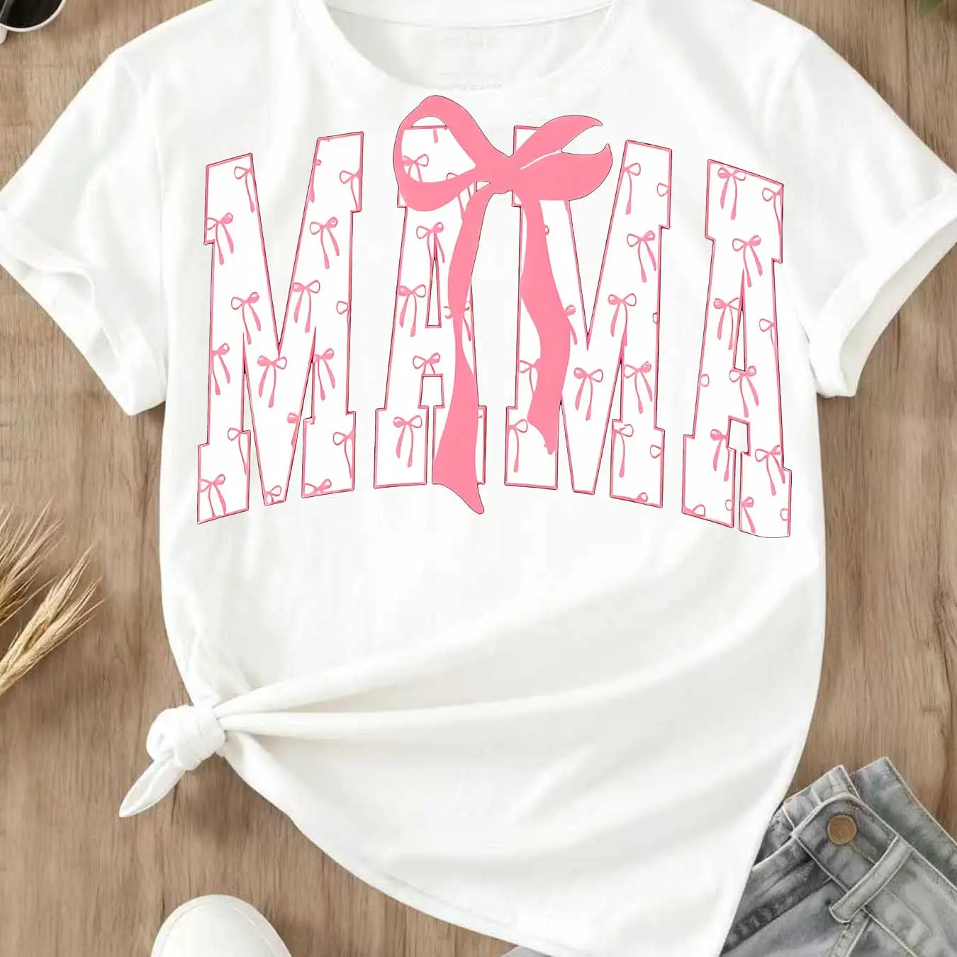 100% Cotton Mama Pink Bow Print T Shirt Crew Neck Casual Tee For Women ...