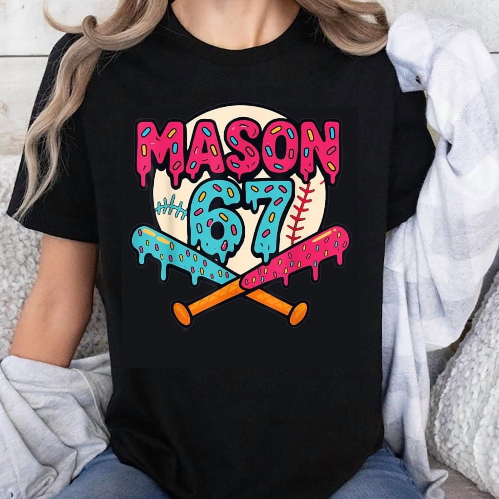 100% Cotton Mason 67 Baseball Jersey T-Shirt with Colorful Donut Design and Crossed Bats for ...