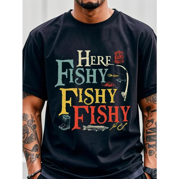 100% Cotton Men's "Here Fishy Fishy" Graphic T-Shirt - Breathable Quick ...