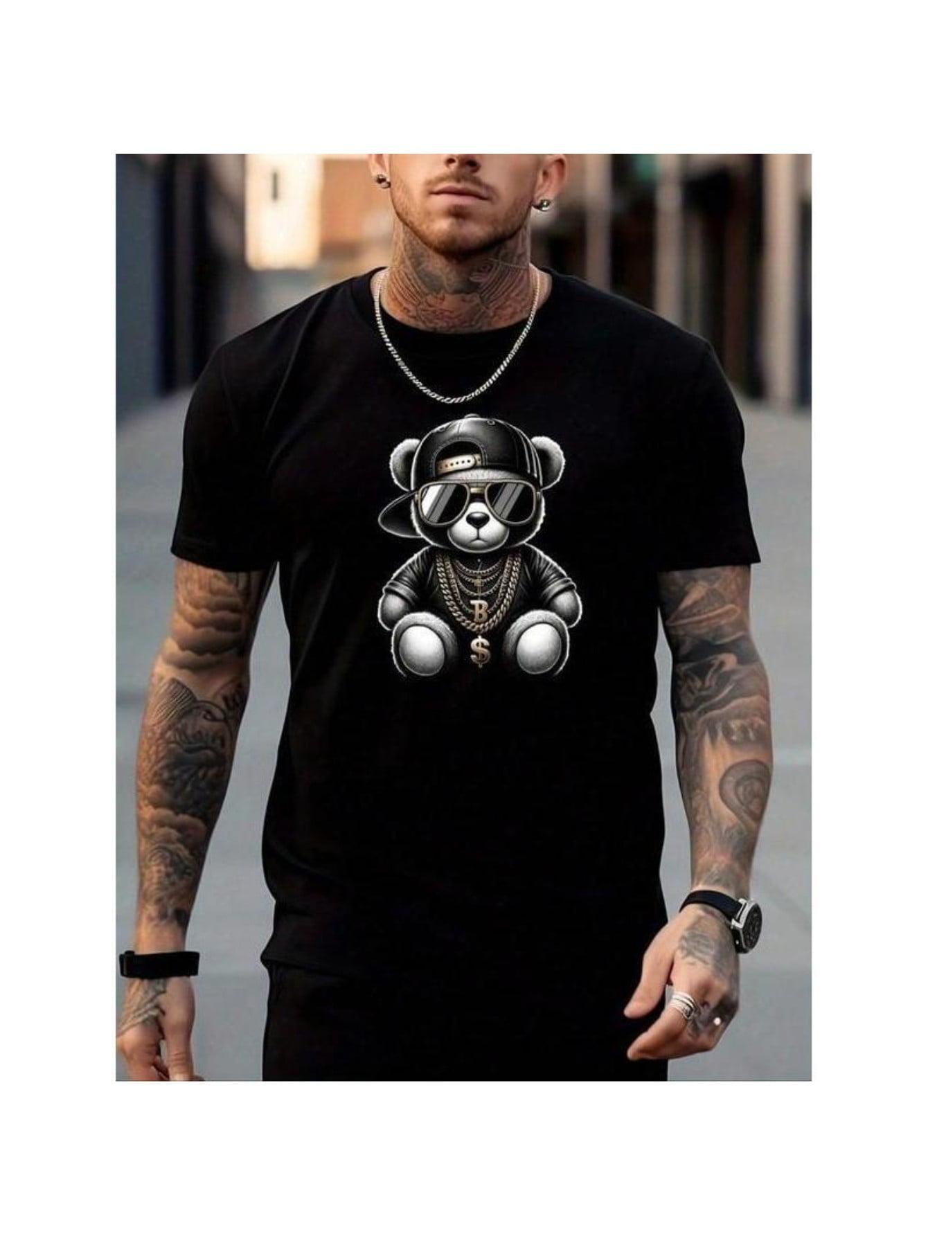 [100% Cotton] Men's Regular Fit Cartoon Bear Print Round Neck Tee ...