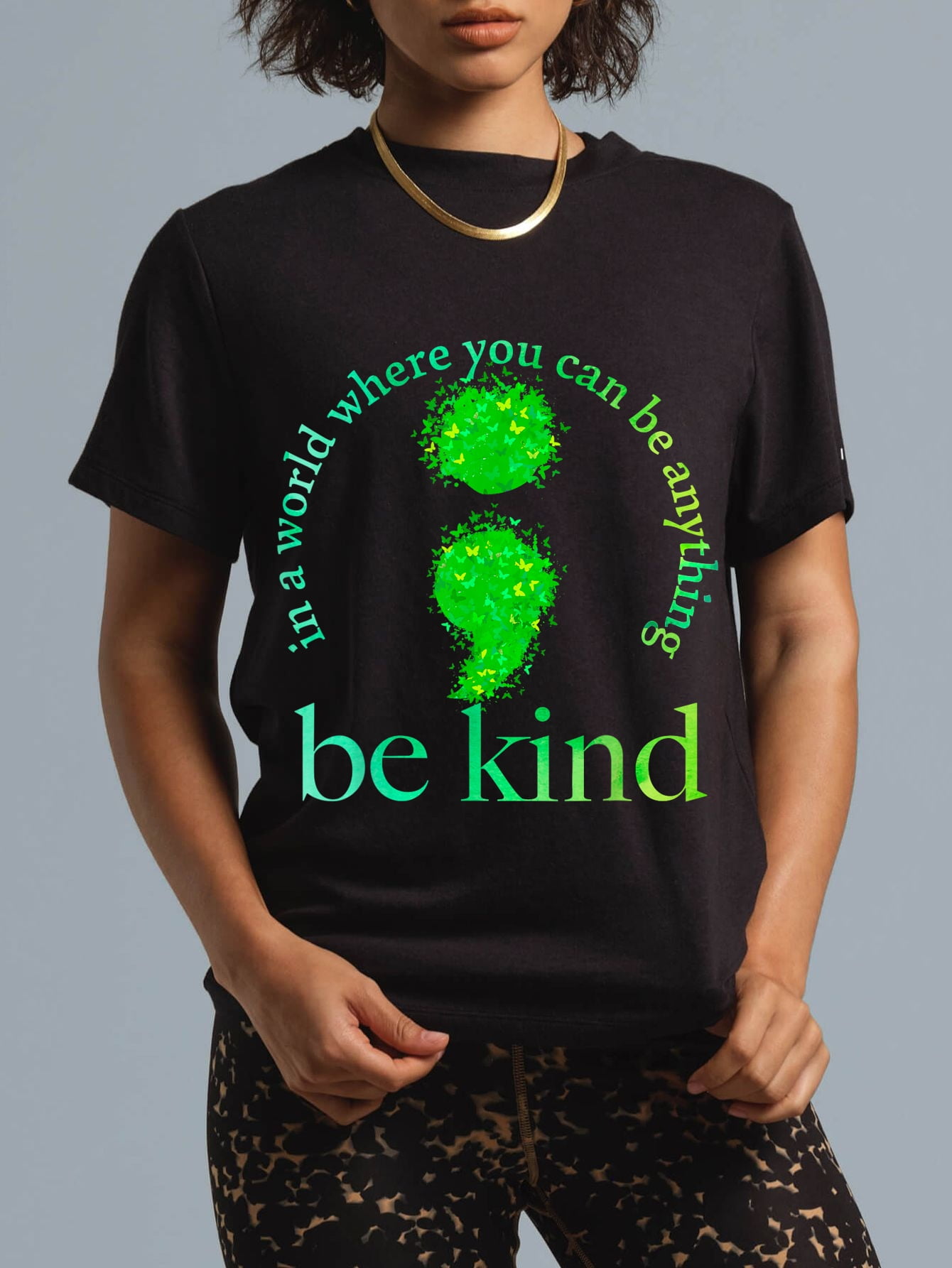 100% Cotton Mental Health Awareness Be Kind Green Butterfly Semicolon T-Shirt - Walmart.com