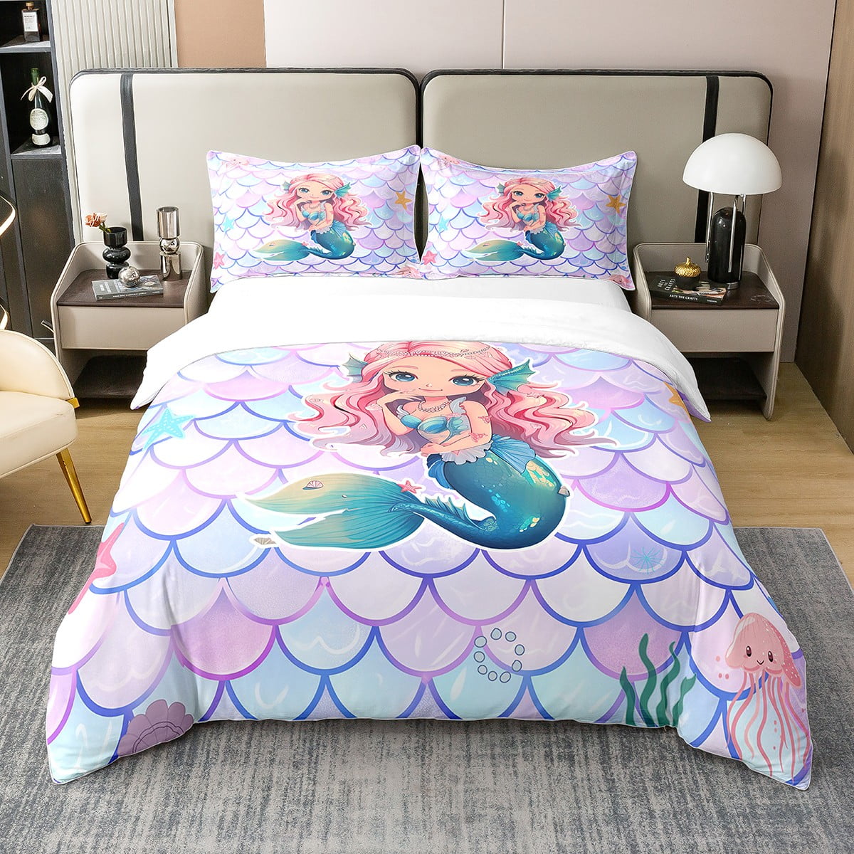 100% Cotton Mermaid Tail Full Bedding Sets,Cute Mermaid Princess Duvet ...