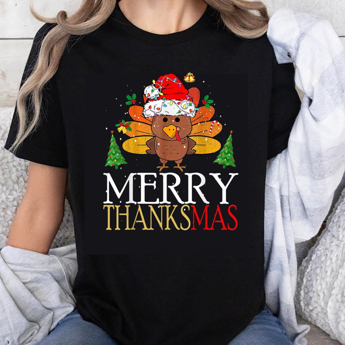 100% Cotton Merry ThanksMas Turkey Christmas Holiday Funny T-Shirt ...
