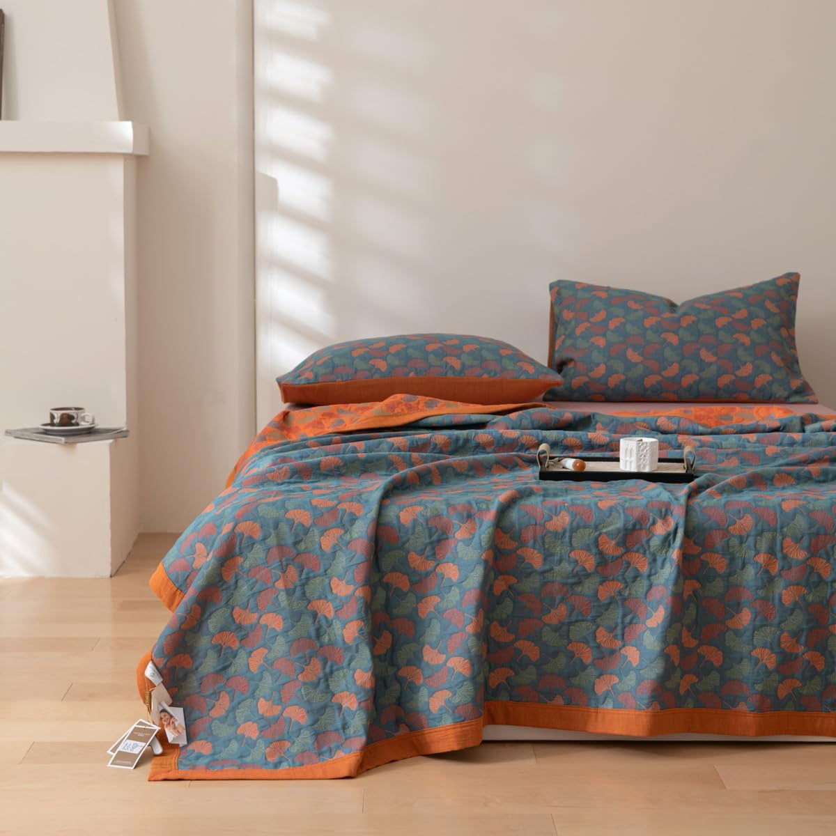 100% Cotton Muslin Blanket Jacquard Floral Ginkgo Leaves Print Quilt ...