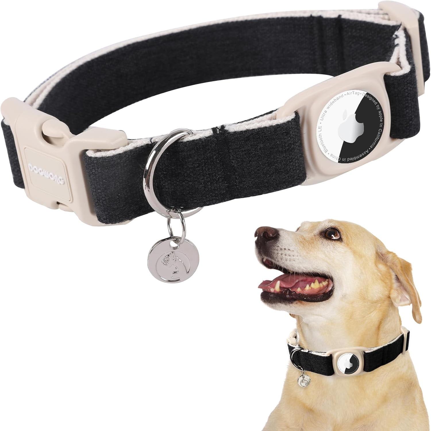 Airtag Cotton Hemp Dog Collar, Heavy-Duty Dog Collar with Airtag Holder ...