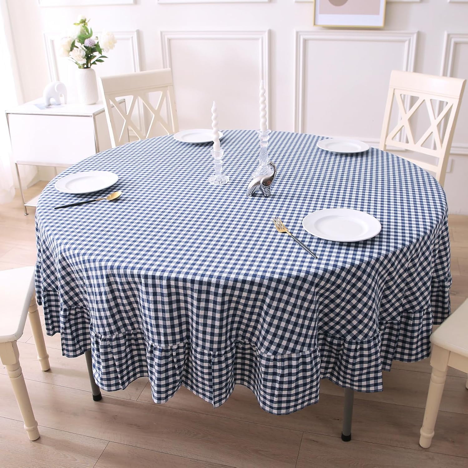 100% Cotton Navy Blue Plaid Ruffled Table Cloth Round Cover, Dia.70 in ...