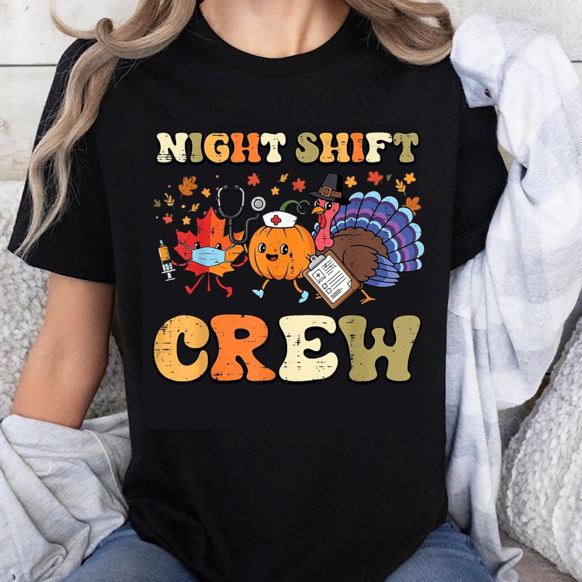 100% Cotton Night Shift Crew Halloween Nurse Doctor Turkey Pumpkin ...