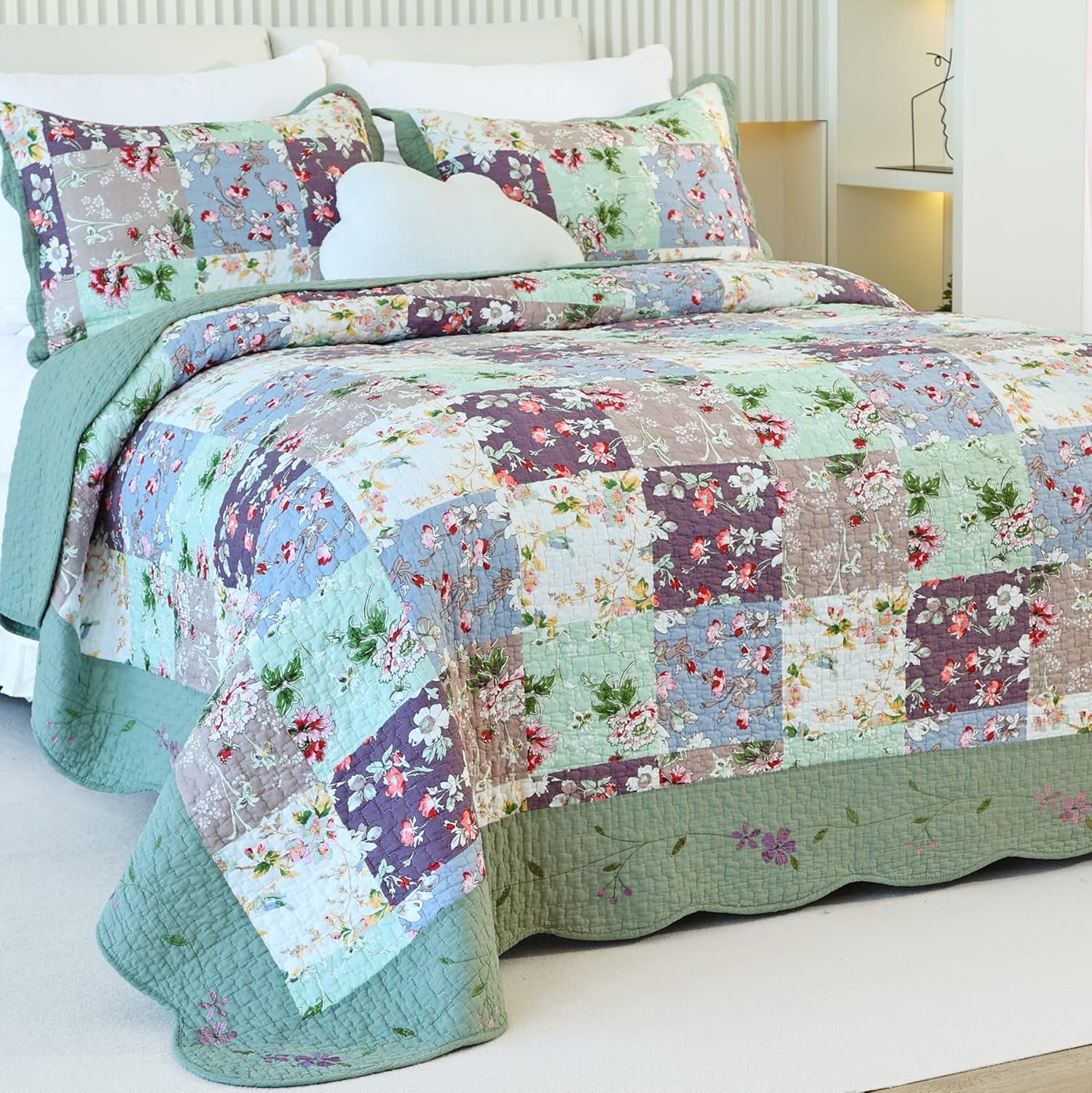 100% Cotton Patchwork Quilt King Size Set Lightweight Floral King ...