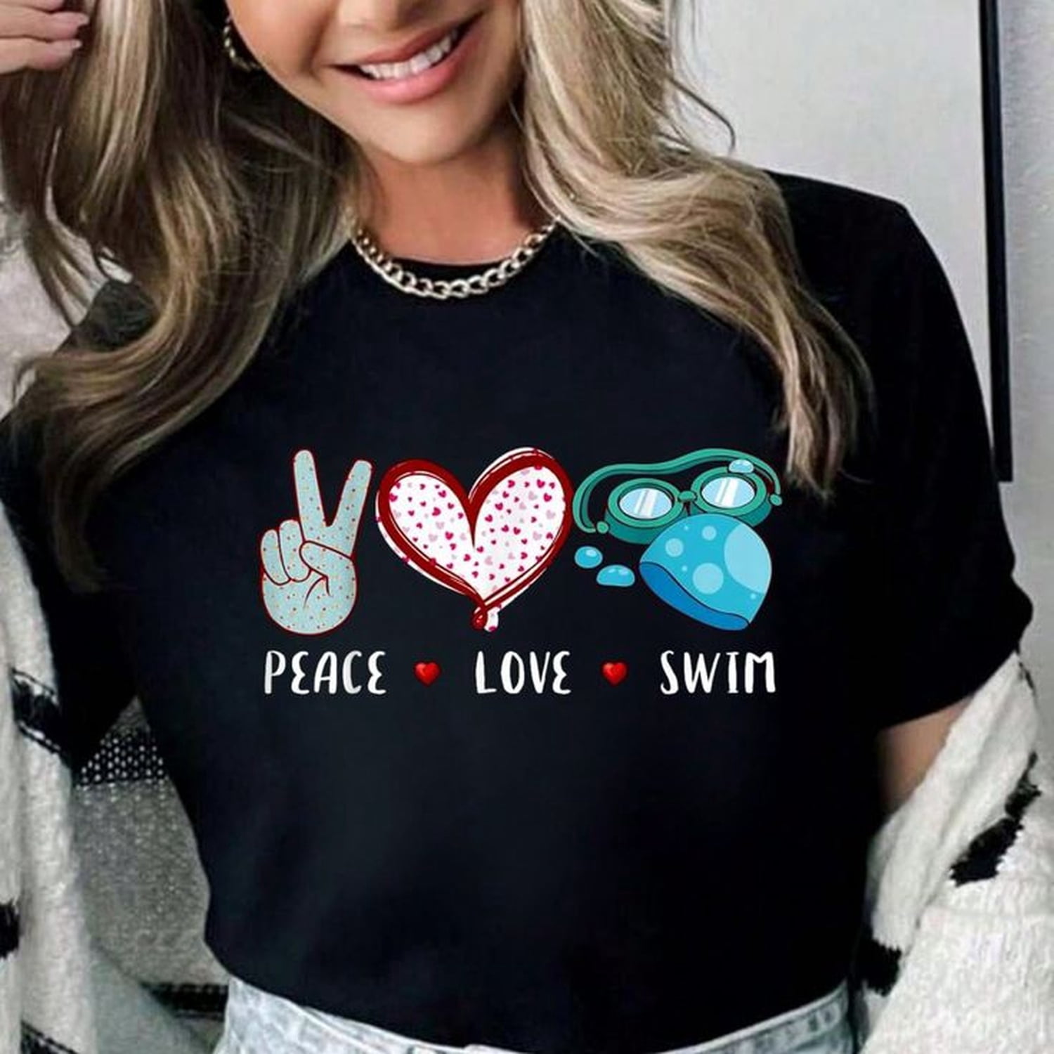 100% Cotton Peace Love Swim Gif Swimmer M1en WoM1en S Swimming T-S1Hirt ...