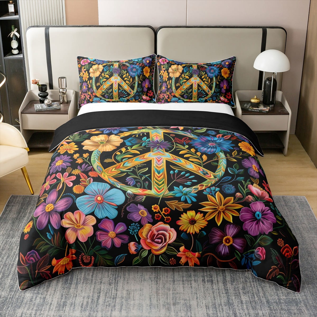 100% Cotton Peace Symbol Duvet Cover Queen,Colorful Hippie Floral ...