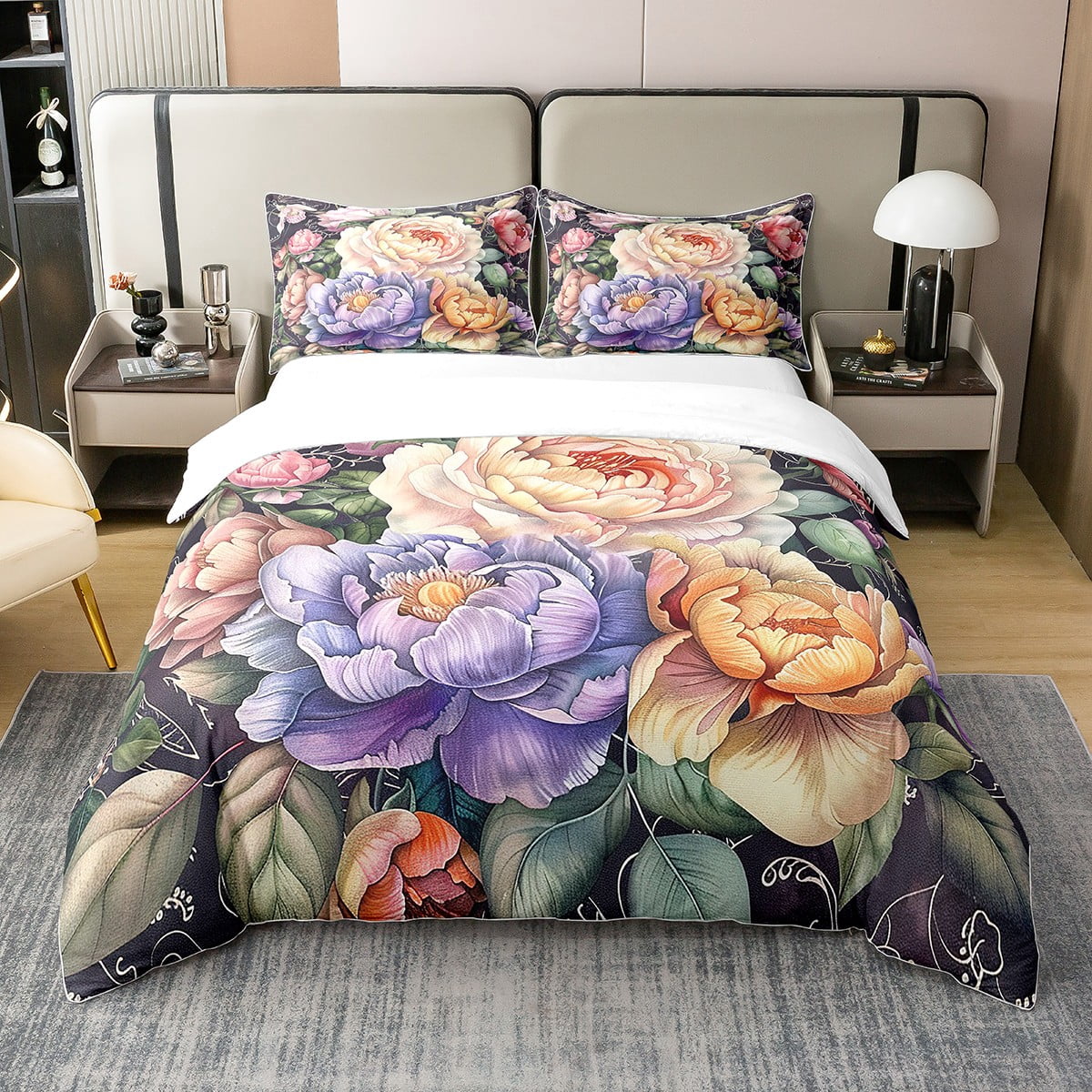 100% Cotton Peony Flowers Duvet Cover Set Queen Size,Nature Blooming ...
