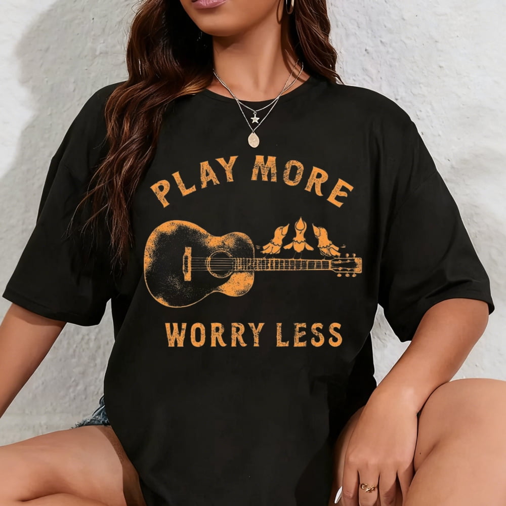 100% Cotton Play More Less Worry Rustic Guitar Birds Men Women Premium ...