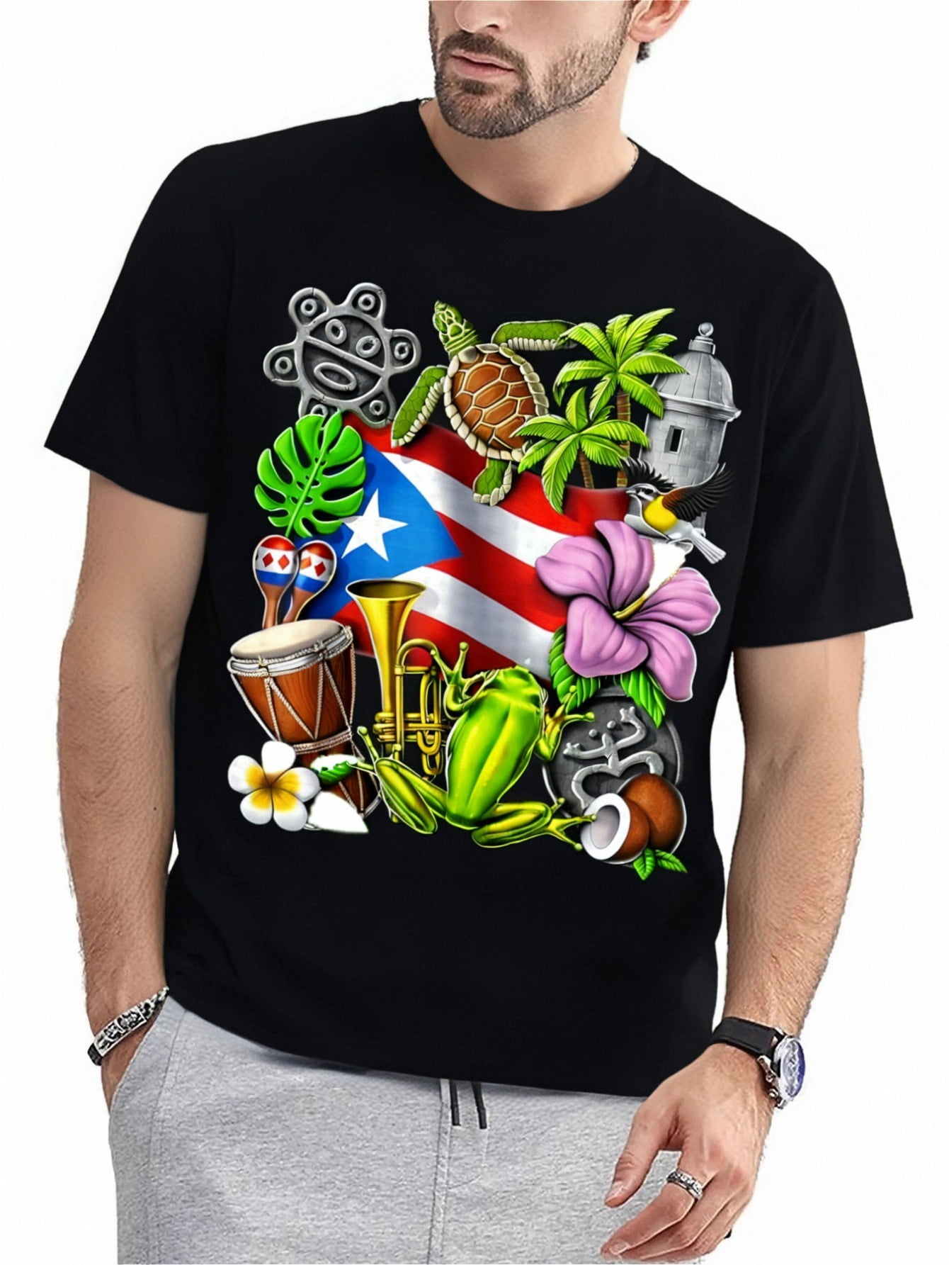 100% Cotton Puerto Rico Boricua Coqui Frog Taino Sun Puerto Rican Flag ...