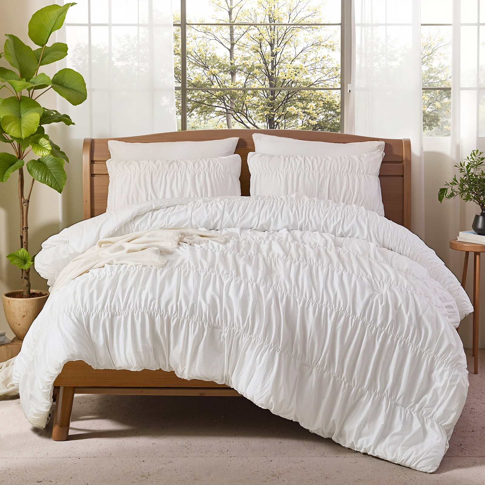 100% Cotton Queen Comforter Set,White Ruched Comforter,Luxury Boho ...