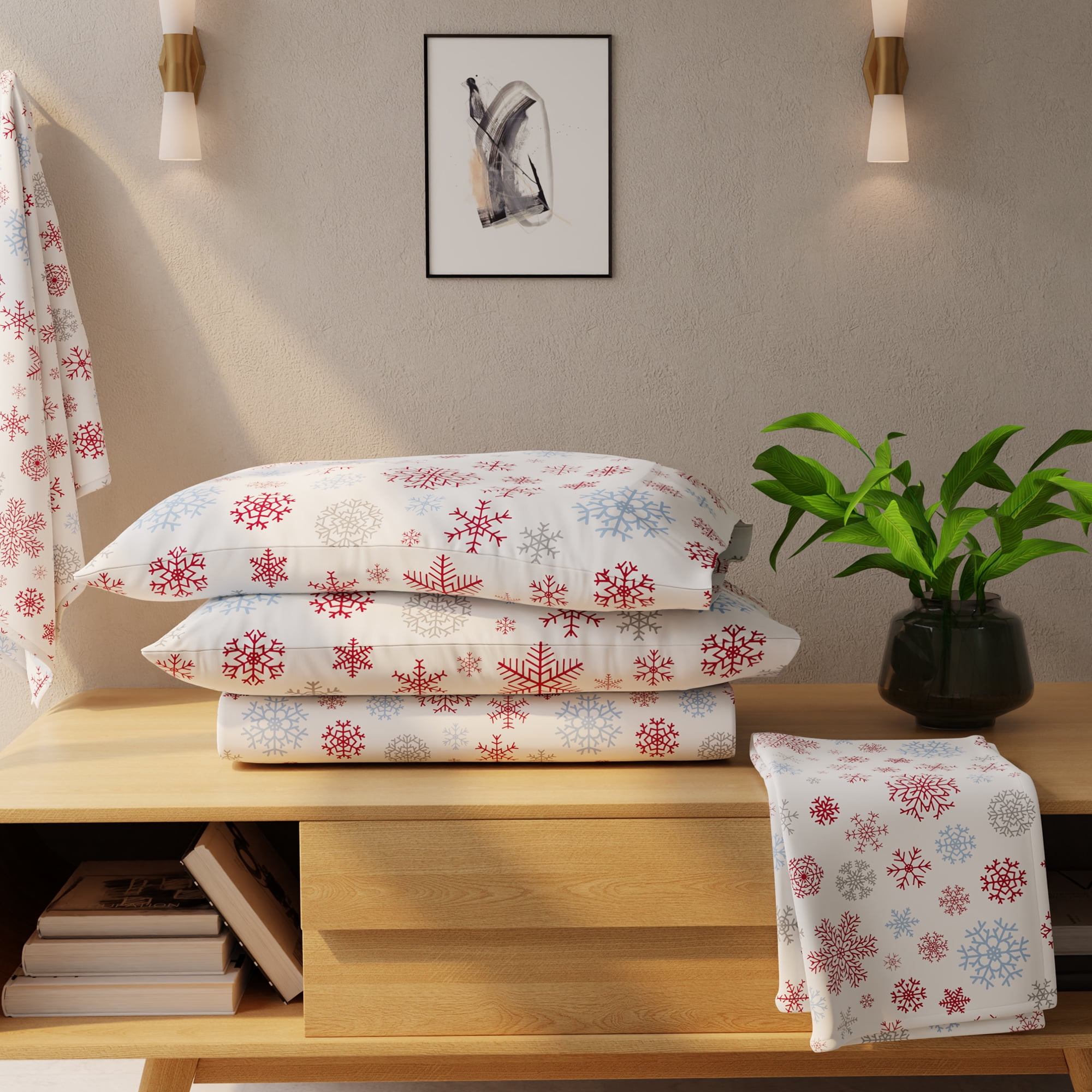 Color Sense 100% Cotton Queen Snowflake Flannel Sheet Set, Double ...