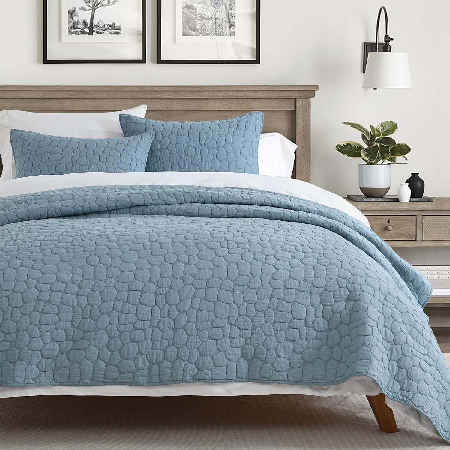 100% Cotton Quilt Set King Size, Dusty Blue Pre-Washed Bedspreads ...