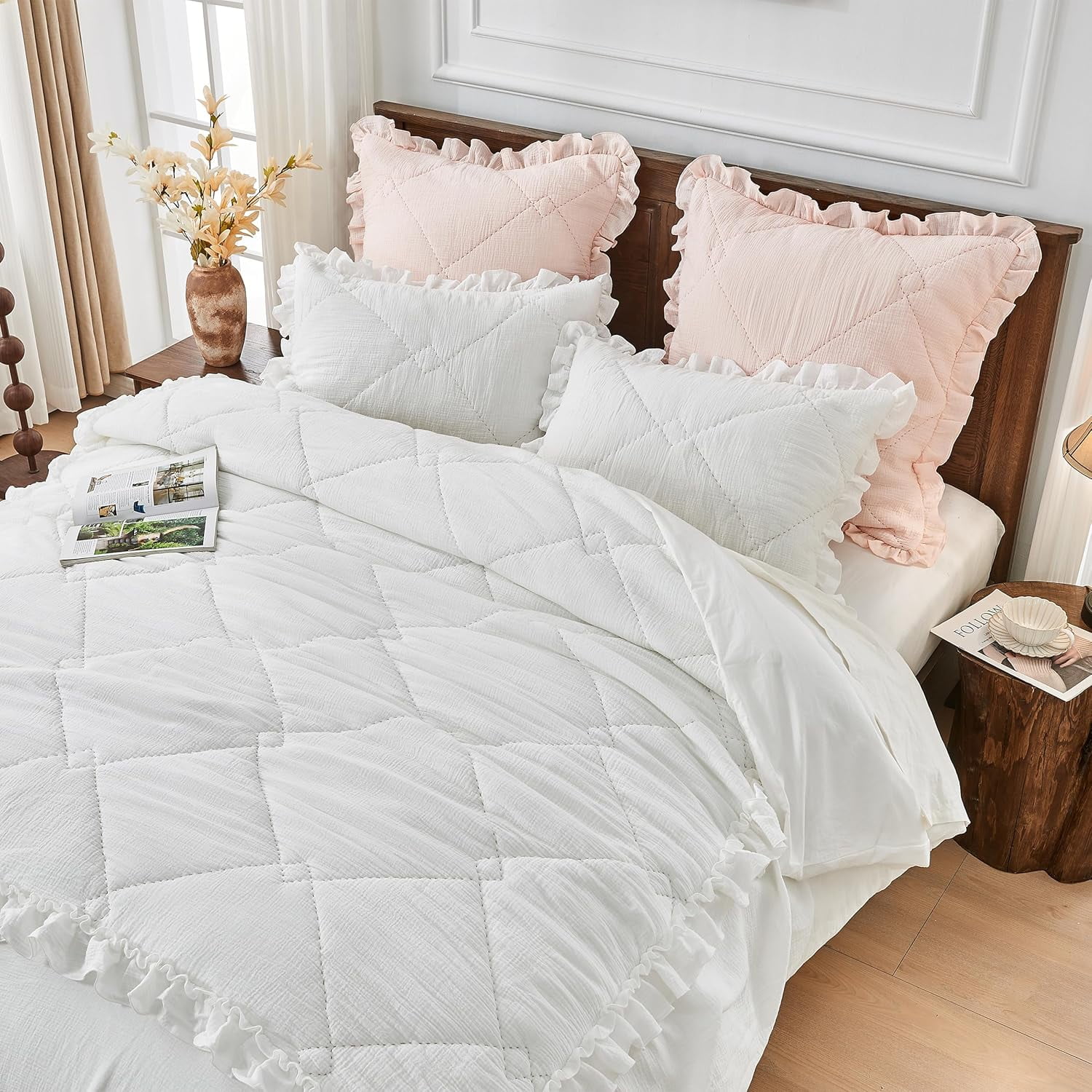100% Cotton Quilted Duvet Cover Set, 3 PCS Muslin Ruffle Gauze Duvet ...