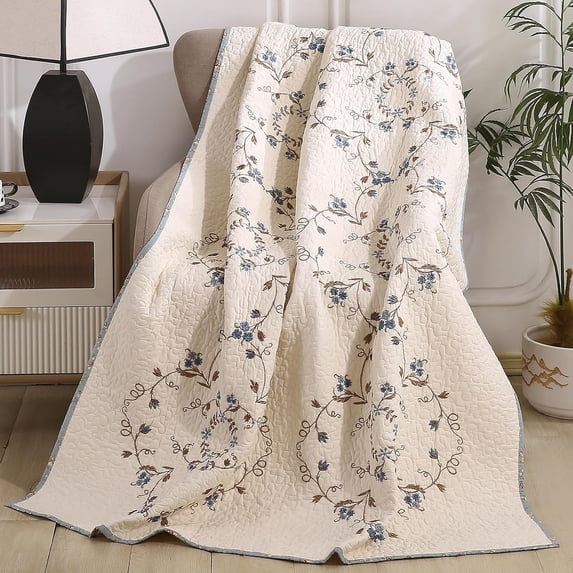 100% Cotton Quilted Throw Blanket 50x60 Inch Floral Embroidered ...