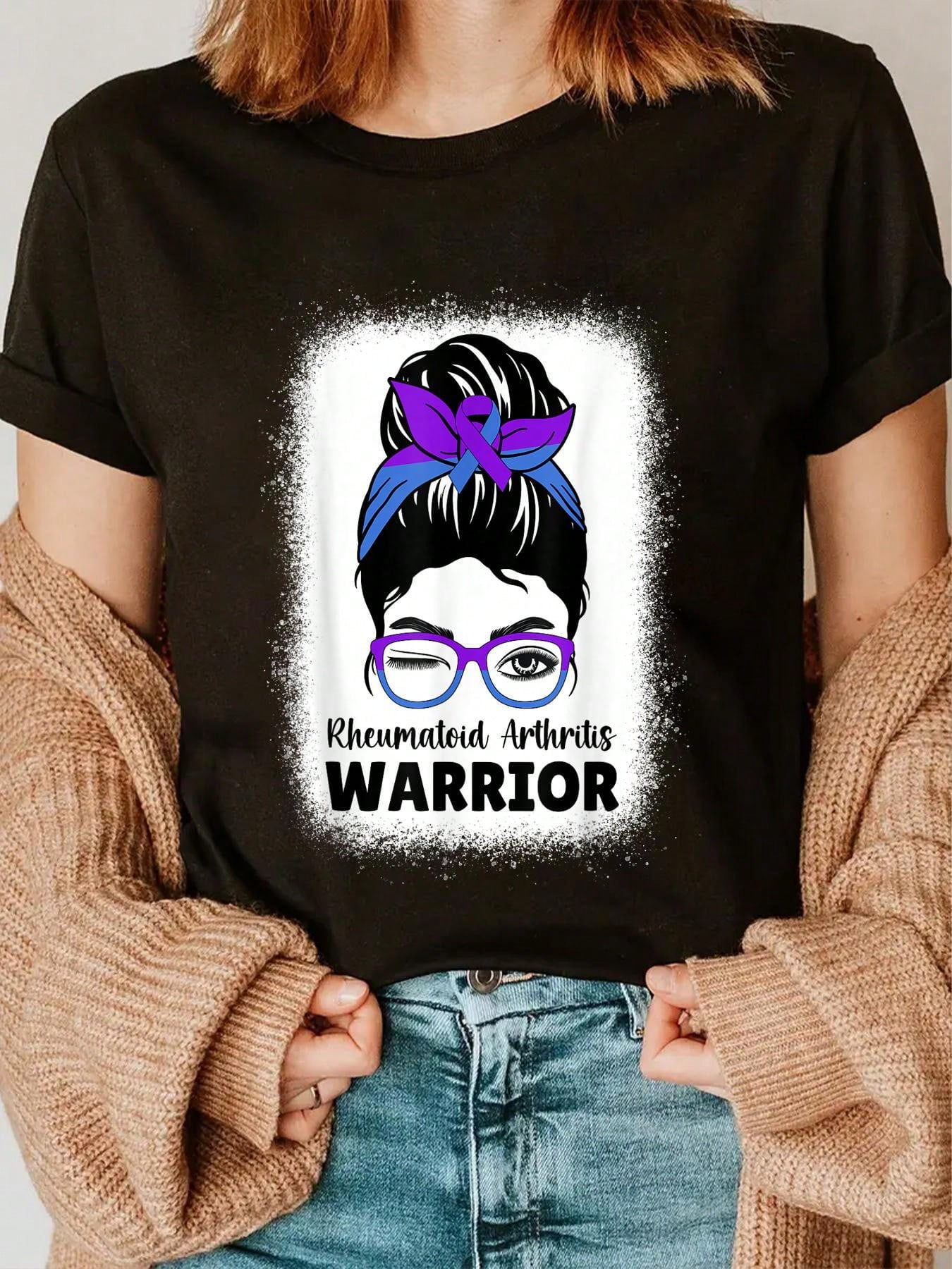 100% Cotton RA Rheumatoid Arthritis Awareness Warrior Women Messy Bun T ...