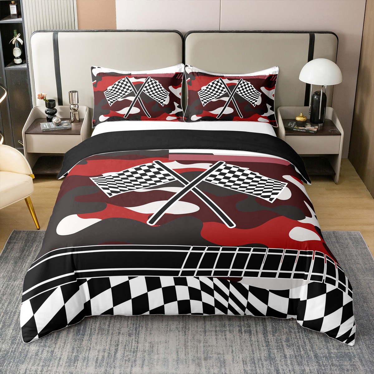 100% Cotton Racing Bedding Set Queen Size,Red Race Car Comforter Cover ...