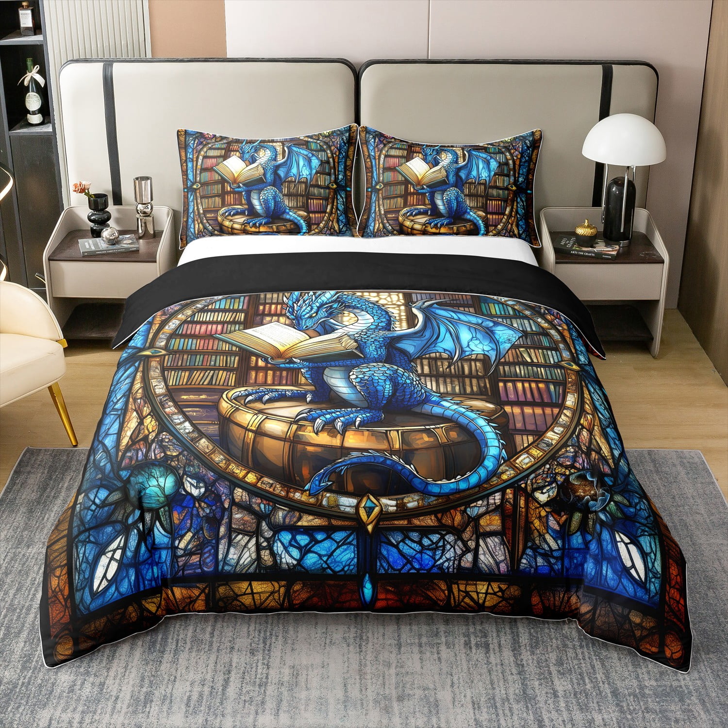 100% Cotton Reading Dragon Duvet Cover Queen Size Cartoon Animal ...