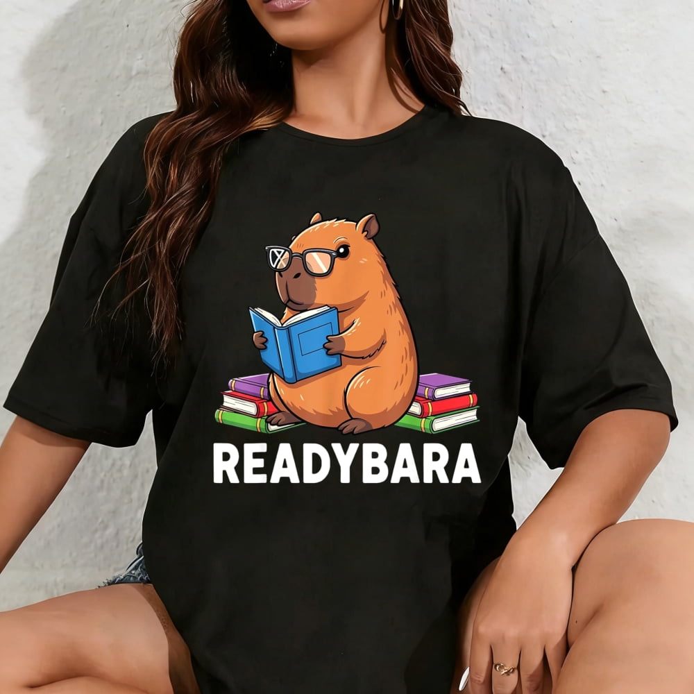 100% Cotton Readybara Kawaii Capybara Book Lover Bookworm Reading T ...