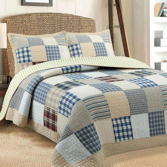 100% Cotton Real Patchwork Reversible Quilt Bedding Set 3 Piece King ...