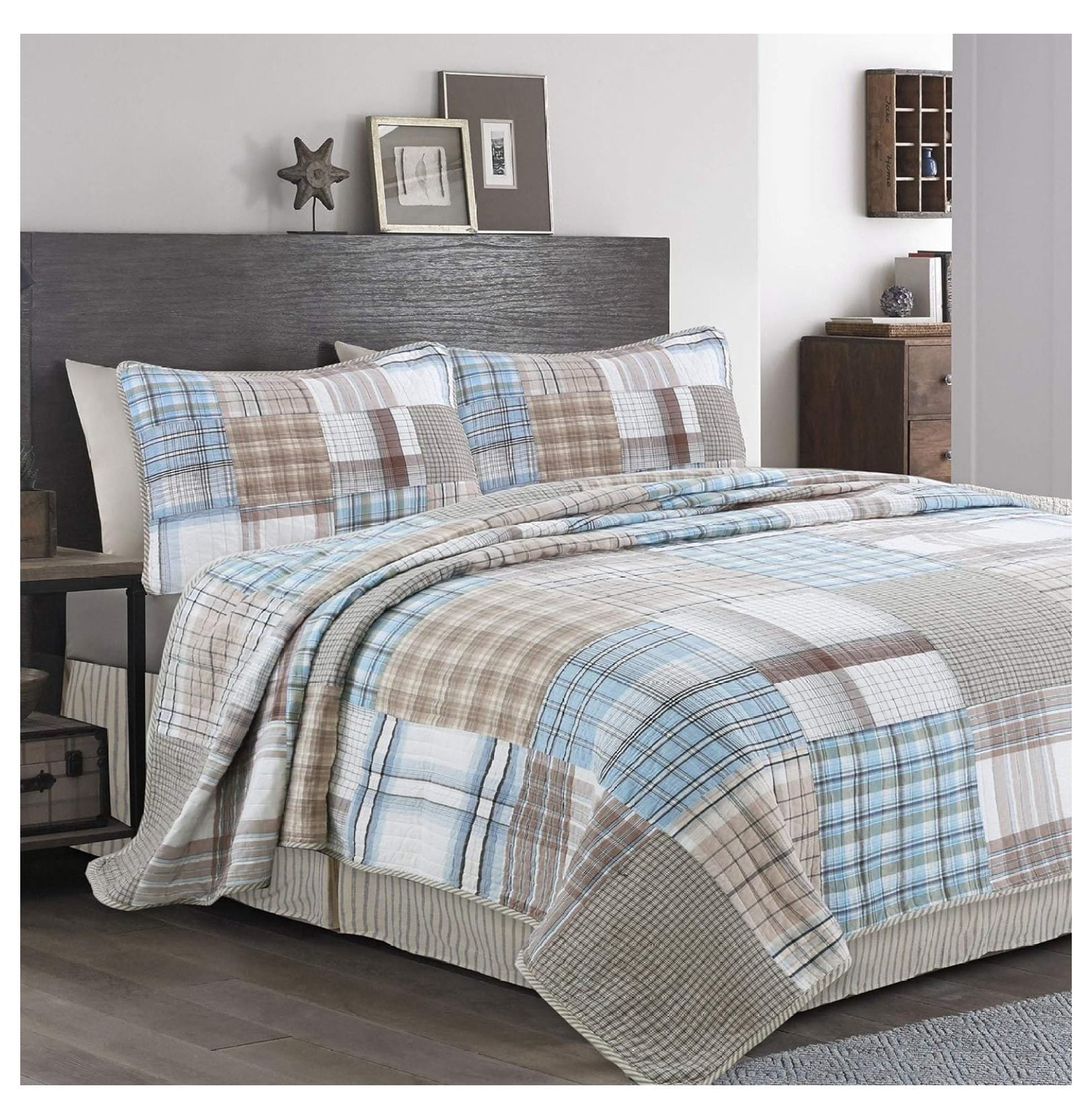 100% Cotton Real Patchwork Reversible Quilt Bedding Set, Blue Grey ...