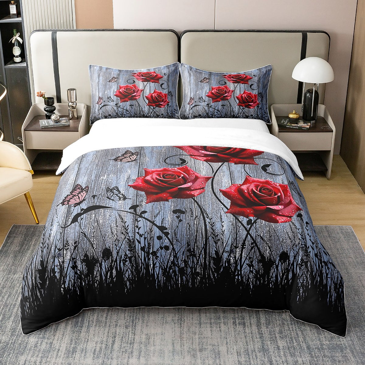 100% Cotton Red Rose Duvet Cover Queen Pink Butterfly Bedding Set ...