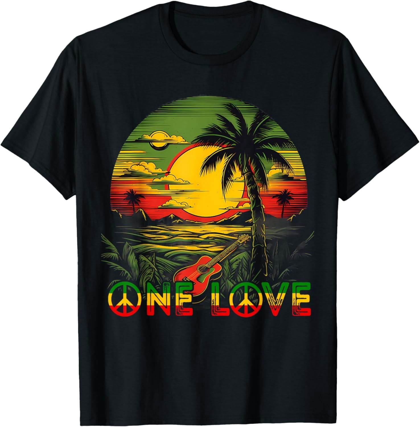 100% Cotton Reggae Music Guitar Rasta Pride Jamaica Rasta Reggae Sunset ...