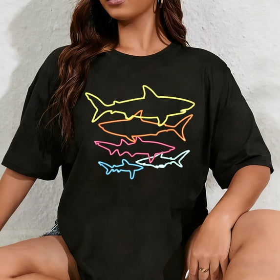 100% Cotton Retro 80s Shark Clothes Shark Party Kids Women Men Sharks T ...