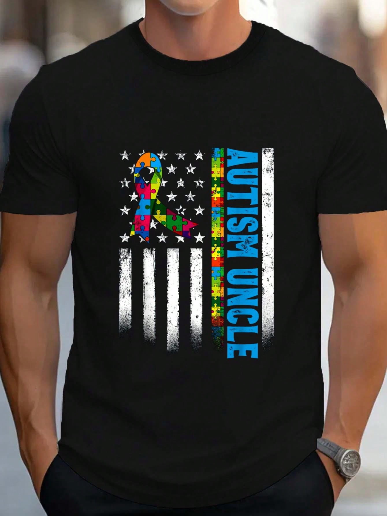 100% Cotton Retro American Flag Autismc Uncle Awareness Autistic T ...