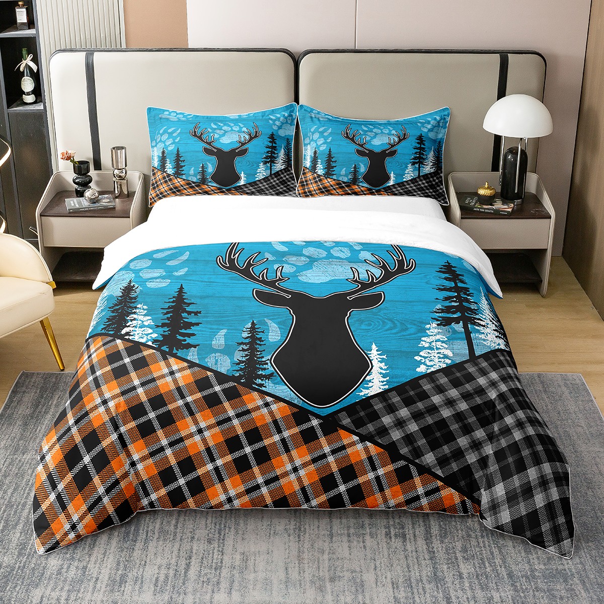 100% Cotton Retro Farmhouse Duvet Cover King,Elk Deer Patchwork Bedding ...