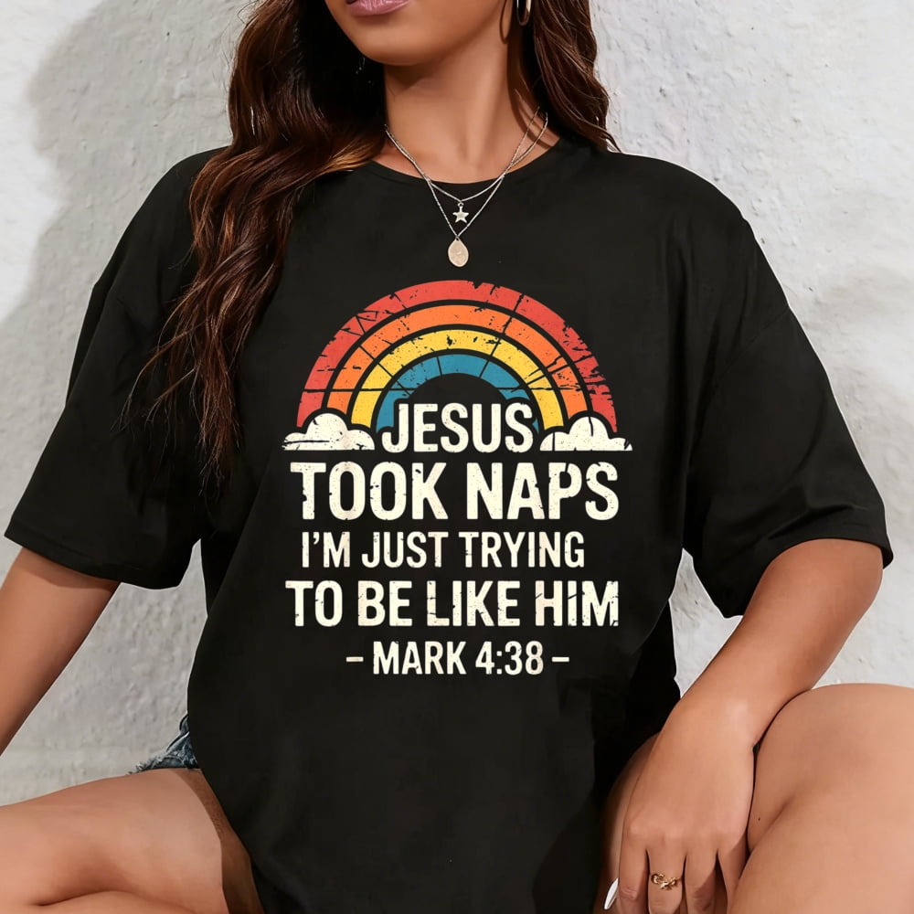 100% Cotton Retro Jesus Took Naps Mark 4 38 Christian Funny Faith T ...