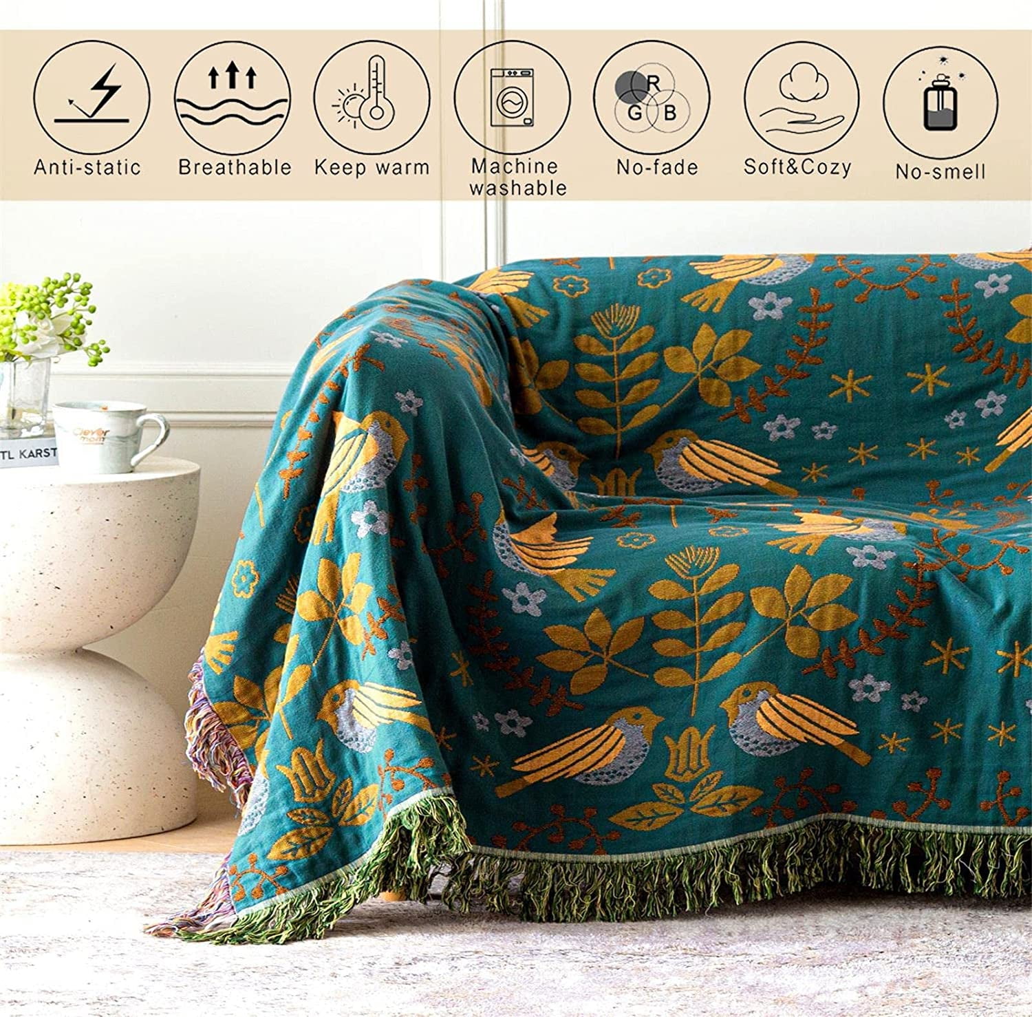 100% Cotton Reversible Knit Blanket, 60"x80" Boho Blue Bird Throw ...