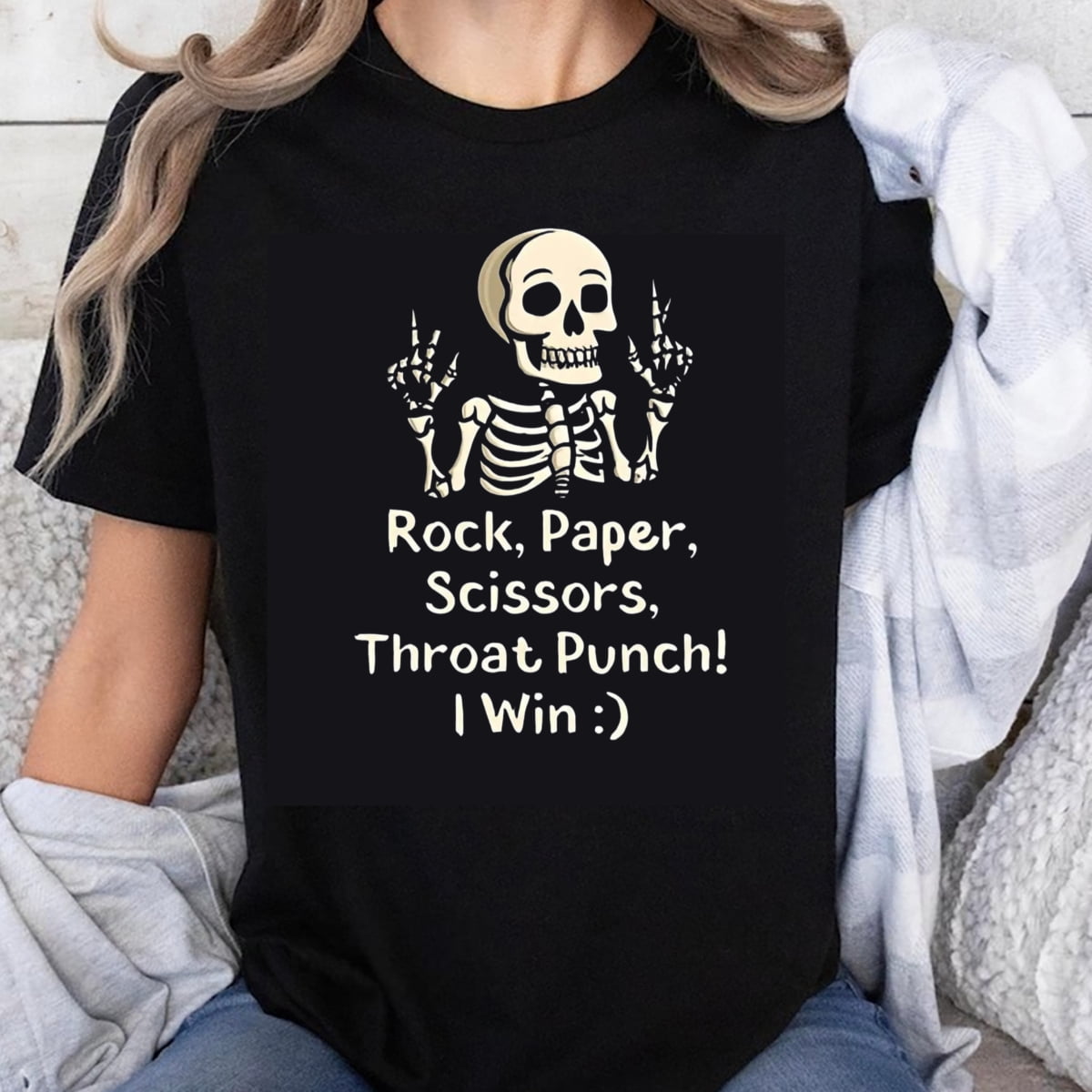 100% Cotton Rock Paper Scissors Throat Punch I Win Funny Skeleton ...