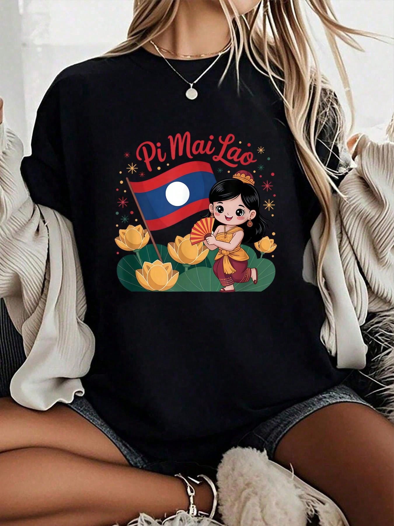 100% Cotton S New Year Girl Pi Mai Flag Day T-Shirt Women's Breathable ...