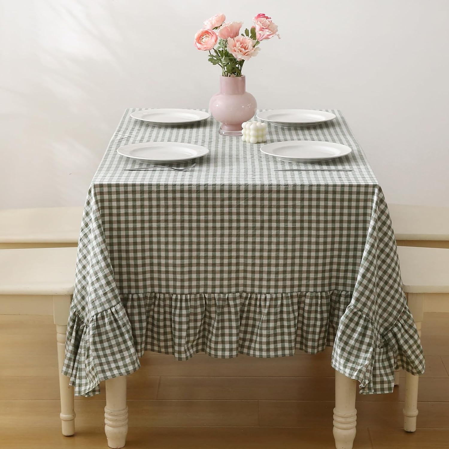 100% Cotton Sage Green White Plaid Ruffled Table Cloth Square 60x60 in ...