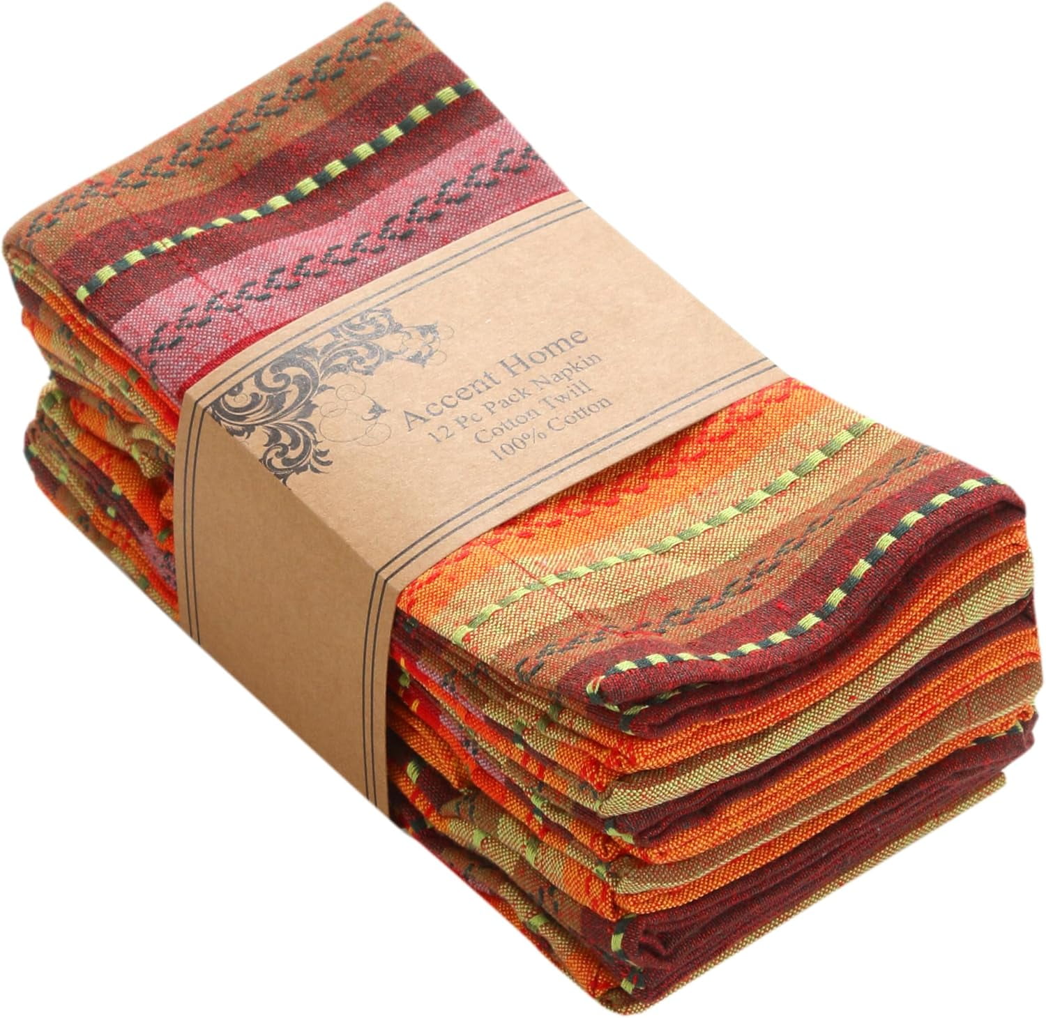 100% Cotton Salsa Stripe Napkin Set of 12 18x18 inch Red/Rust ...