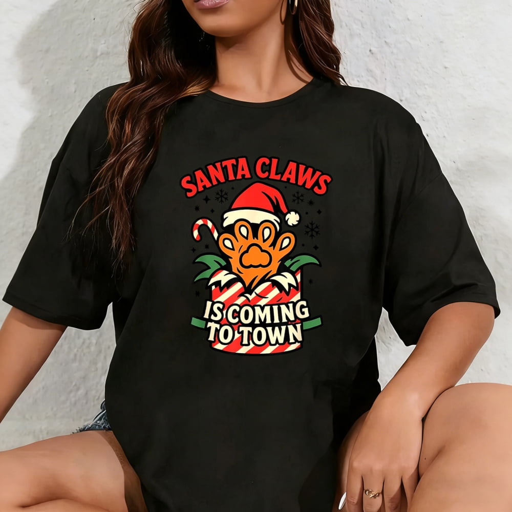 100% Cotton Santa Claws is Coming to Town Funny Cat Christmas Pun T ...