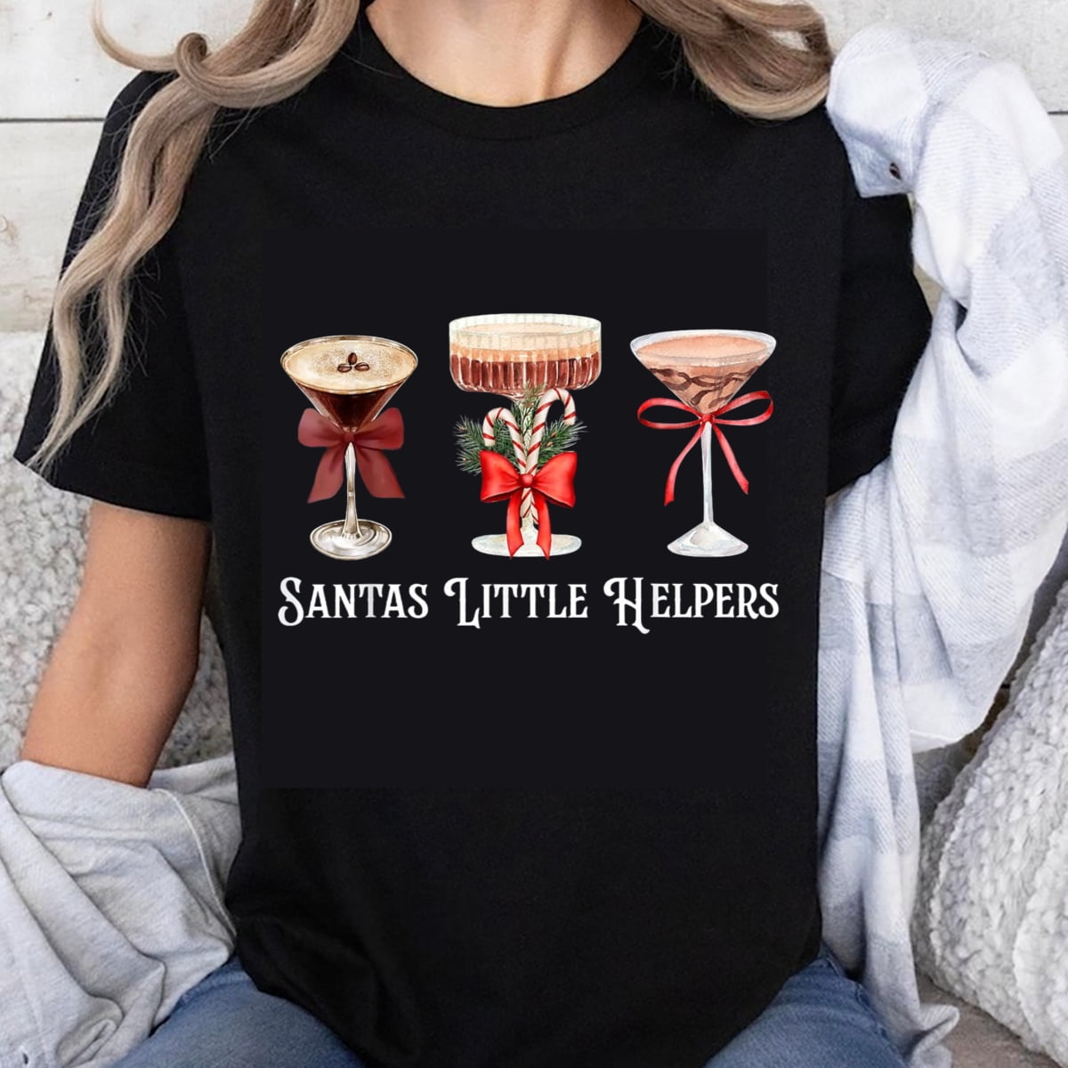 100% Cotton Santa Little Helpers Christmas Cocktail T-Shirt Women Funny ...