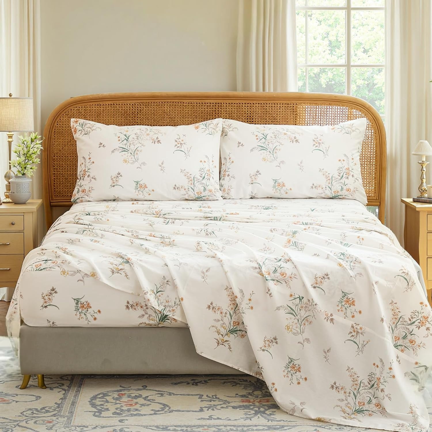 100% Cotton Sheet Set – 4-Piece Shabby Chic Floral Bedding Set, Soft ...