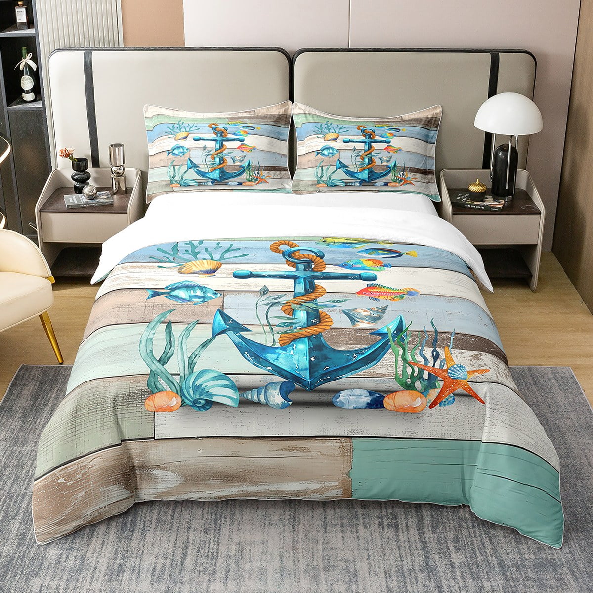 100% Cotton Ship Anchor Comforter Cover Colourful Sea Shell Bedding Set ...